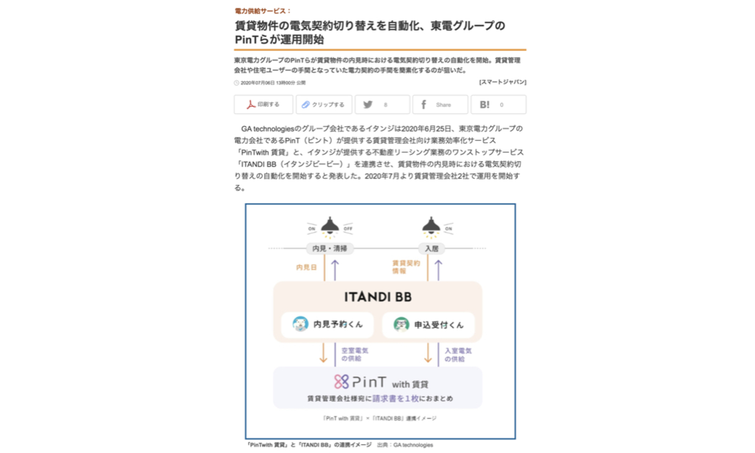 スマートジャパン｜『賃貸物件の電気契約切り替えを自動化、東電グループのPinTらが運用開始』 | ニュース | 株式会社GA technologies
